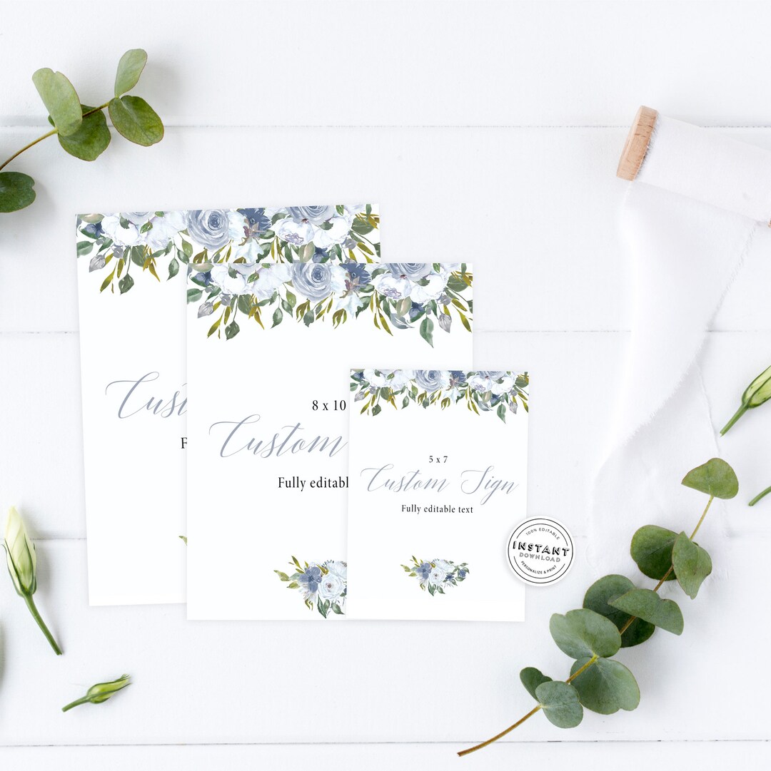 Dusty Blue Floral Custom Signs 5x7, 8x10, 8.5x11 | Dusty Blue Editable ...