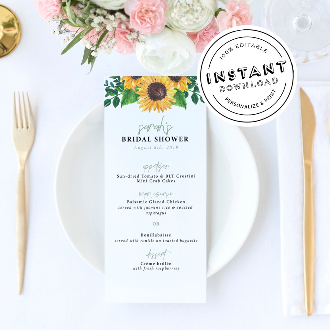 Sunflower Wedding Menu | Rustic Sun Flower Bridal Shower Menu | Menu ...