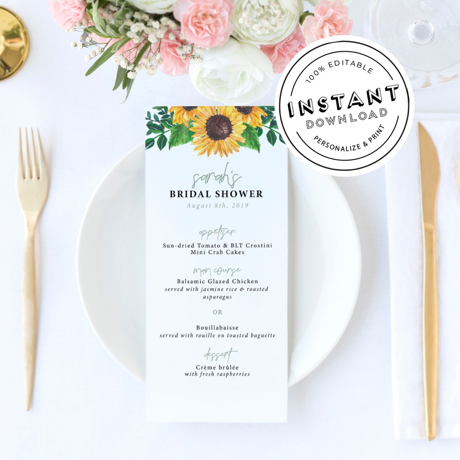 Sunflower Wedding Menu Rustic Sun Flower Bridal Shower Menu - Etsy