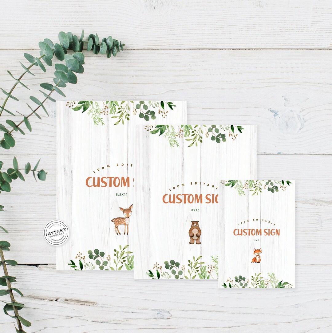 Editable Woodland Baby Shower Custom Sign 5x7, 8x10, 8.5x11 | Editable ...