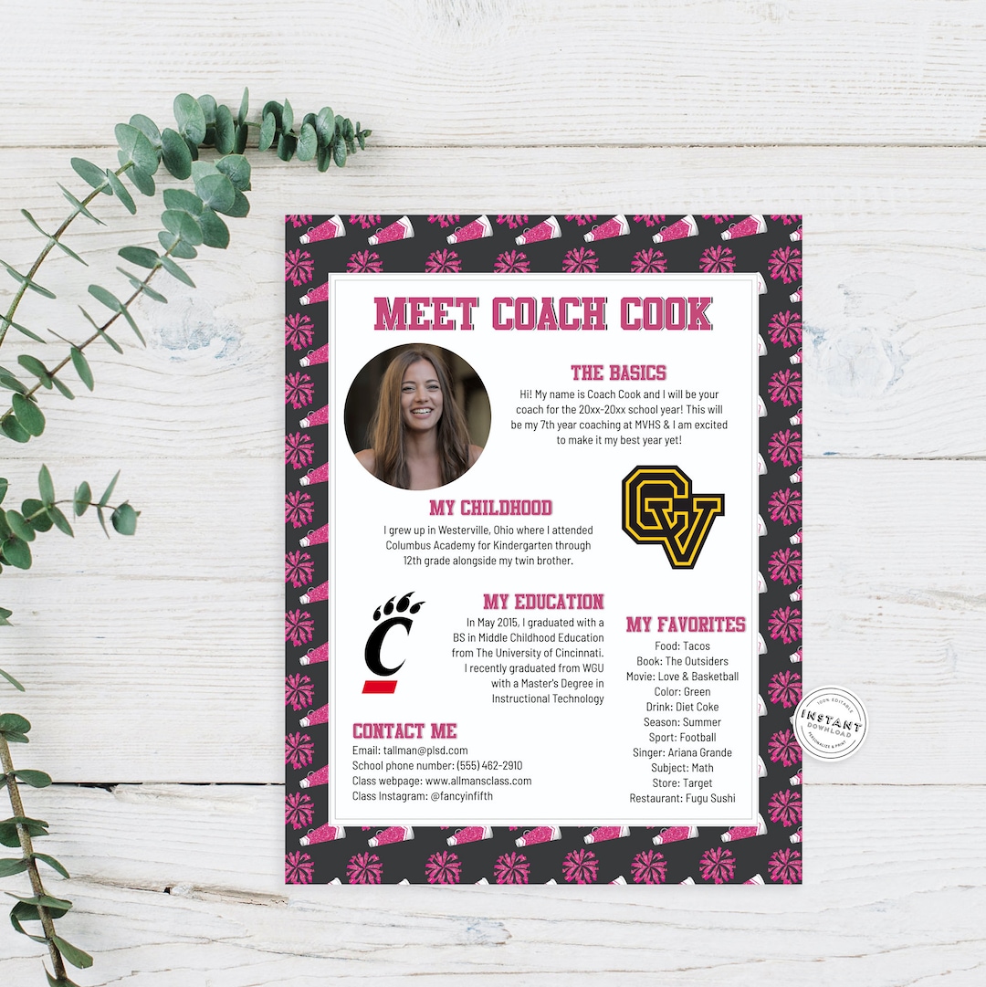 Pink and Black Meet the Coach Cheer Template | Coach Introduction Form ...