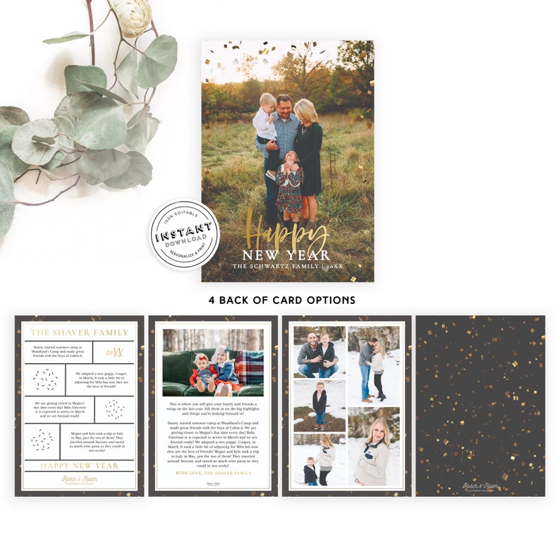 Gold Confetti New Years Card | 2020 Photo Card Template | Editable Year ...