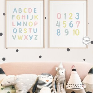 Pastel Alphabet and Number Print | Playroom Alphabet Wall Art | Letters ...