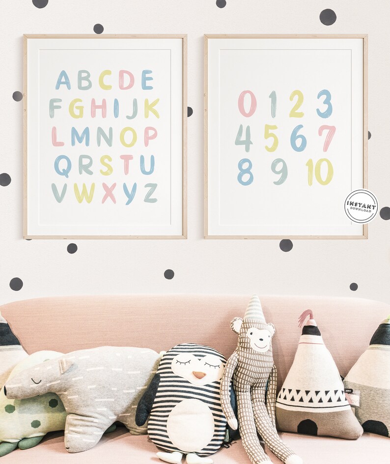 Pastel Alphabet and Number Print | Playroom Alphabet Wall Art | Letters ...