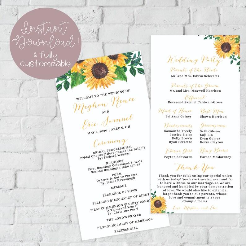 Sunflower Wedding Program Rustic Sun Flower Wedding Program | Etsy