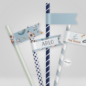 Light Blue Two the Moon Straw Flags | Outer Space Birthday Straws | 2nd ...