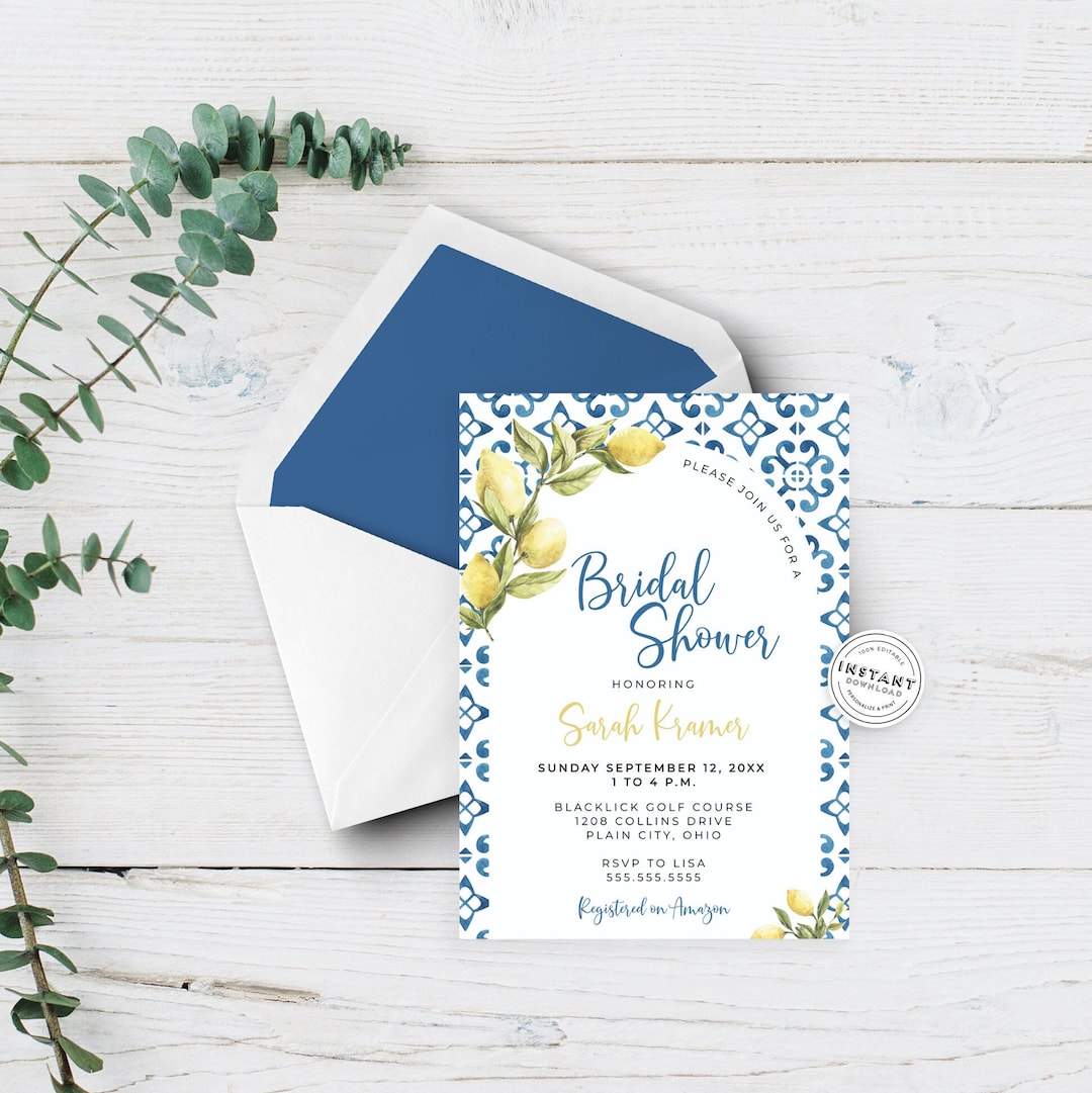 Lemon and Blue Bridal Shower Invitation | Blue Tiles Leon Bridal Shower ...
