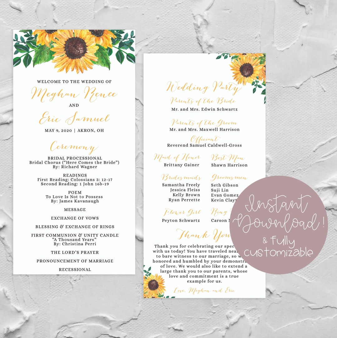 Sunflower Wedding Program | Rustic Sun Flower Wedding Program | Program ...