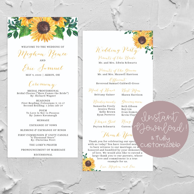 Sunflower Wedding Program | Rustic Sun Flower Wedding Program | Program ...
