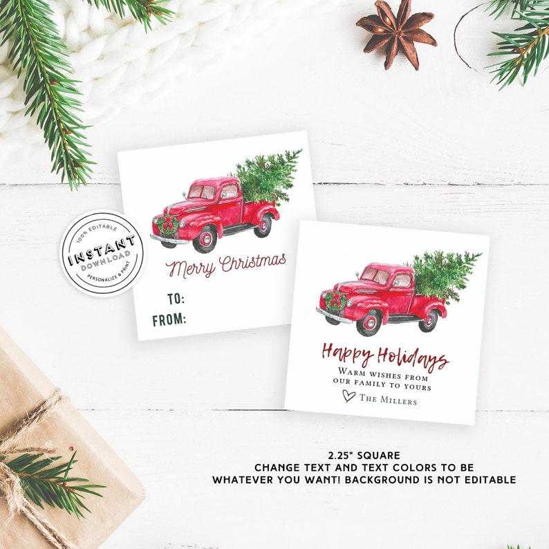 Farmhouse Christmas Gift Tag DIY Red Truck Holiday Square - Etsy
