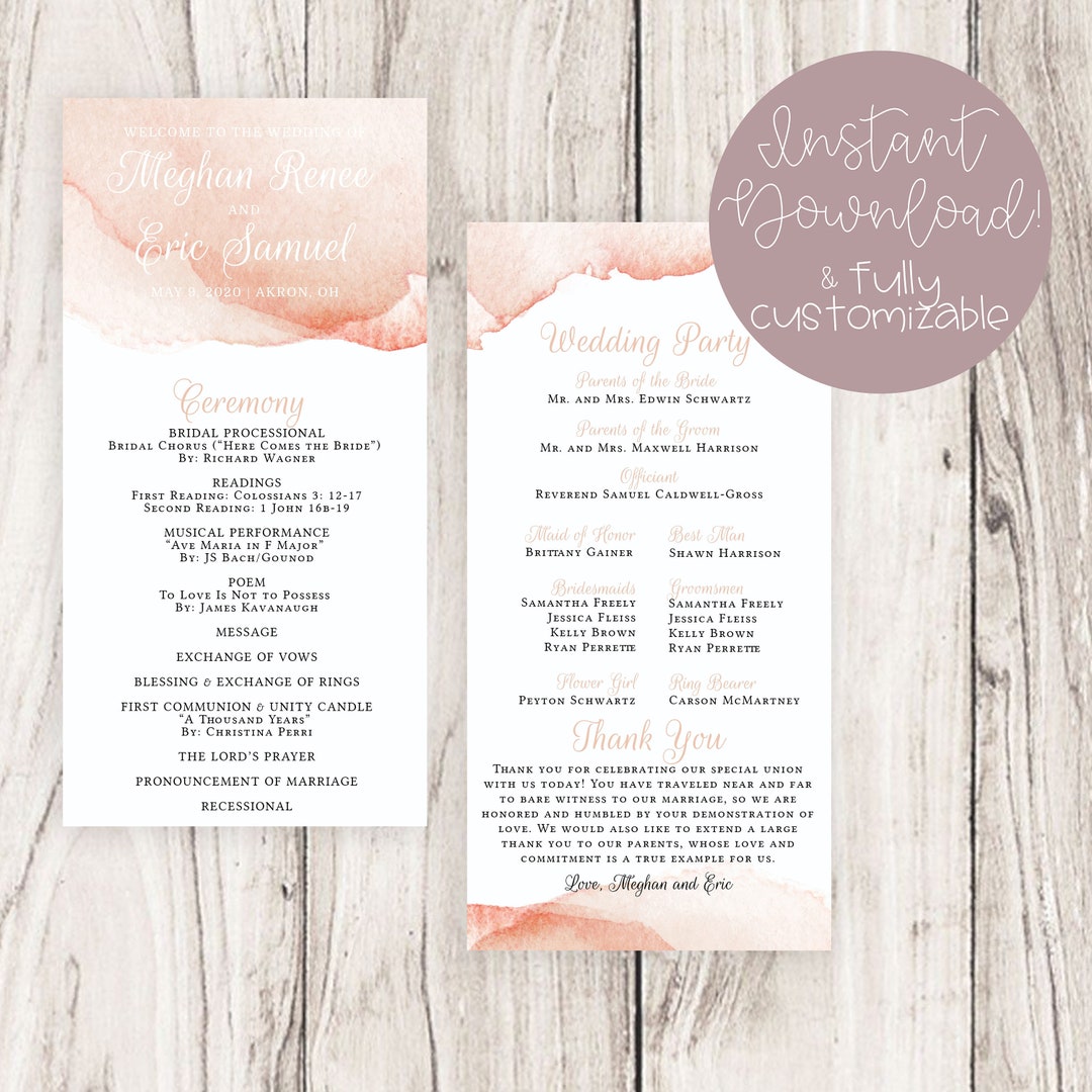 Blush Pink Watercolor Wedding Program | Light Pink Watercolor Program ...