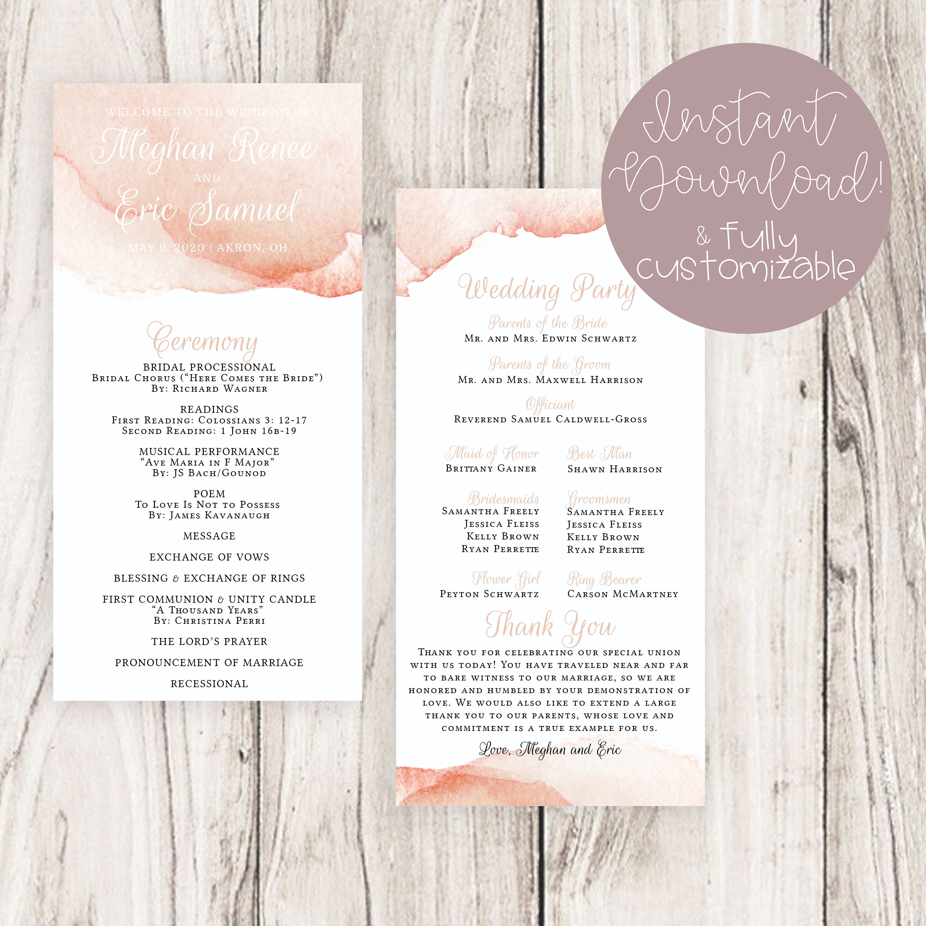 Blush Pink Watercolor Wedding Program | Light Pink Watercolor Program ...