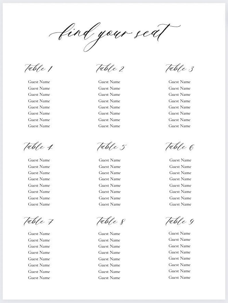 Wedding Seating Chart Template | Modern Calligraphy, Elegant (18x24 ...
