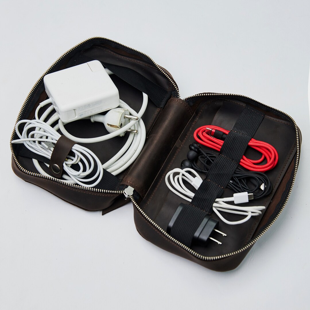 Leather Cable and Charger Organizer Bag, Leather Cord Organizer Bag ...