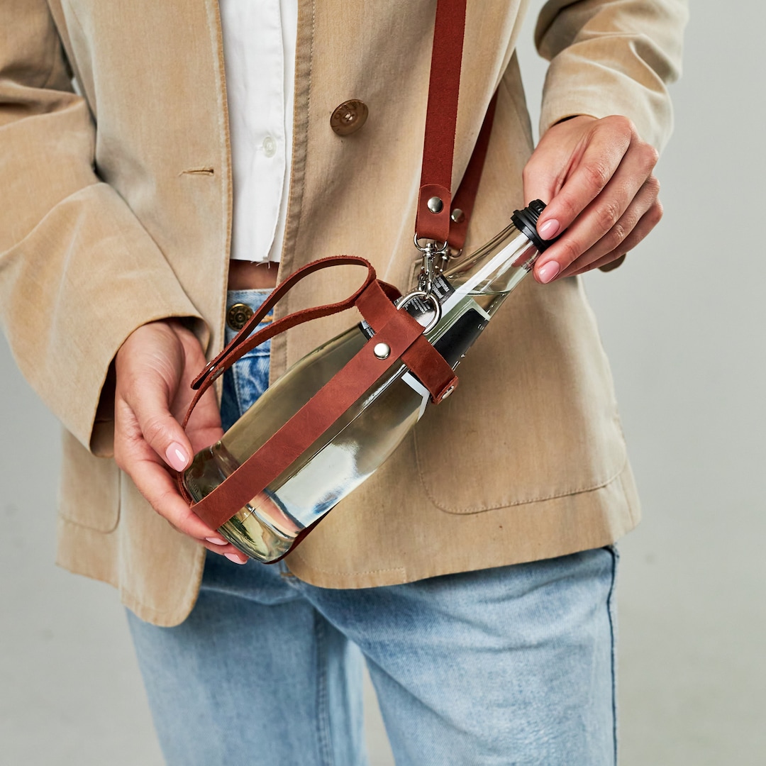 Custom Leather Bottle Holder, Leather Water Bottle Holder With Strap ...