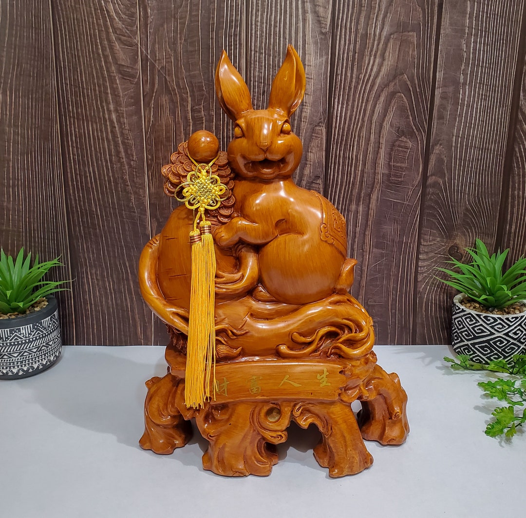 Vintage Chinese Feng Shui Lucky Wealth Rabbit Resin Wood-like Statue ...