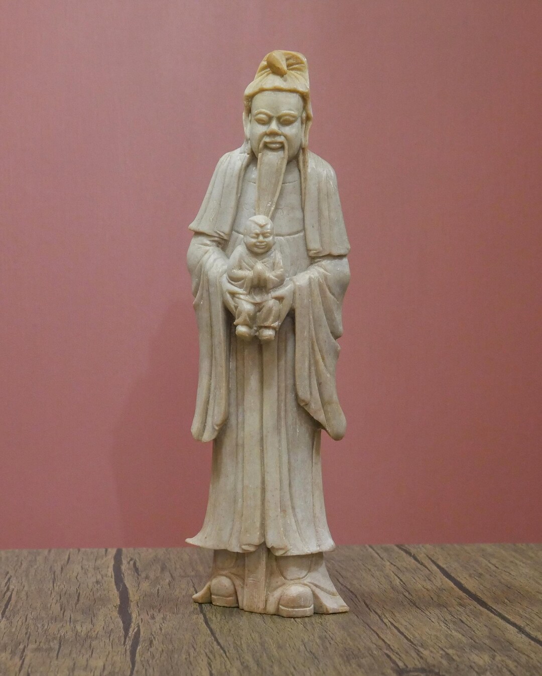 Vintage Chinese Fu God Soapstone Carved Longevity Wise Man Statue - 12. ...