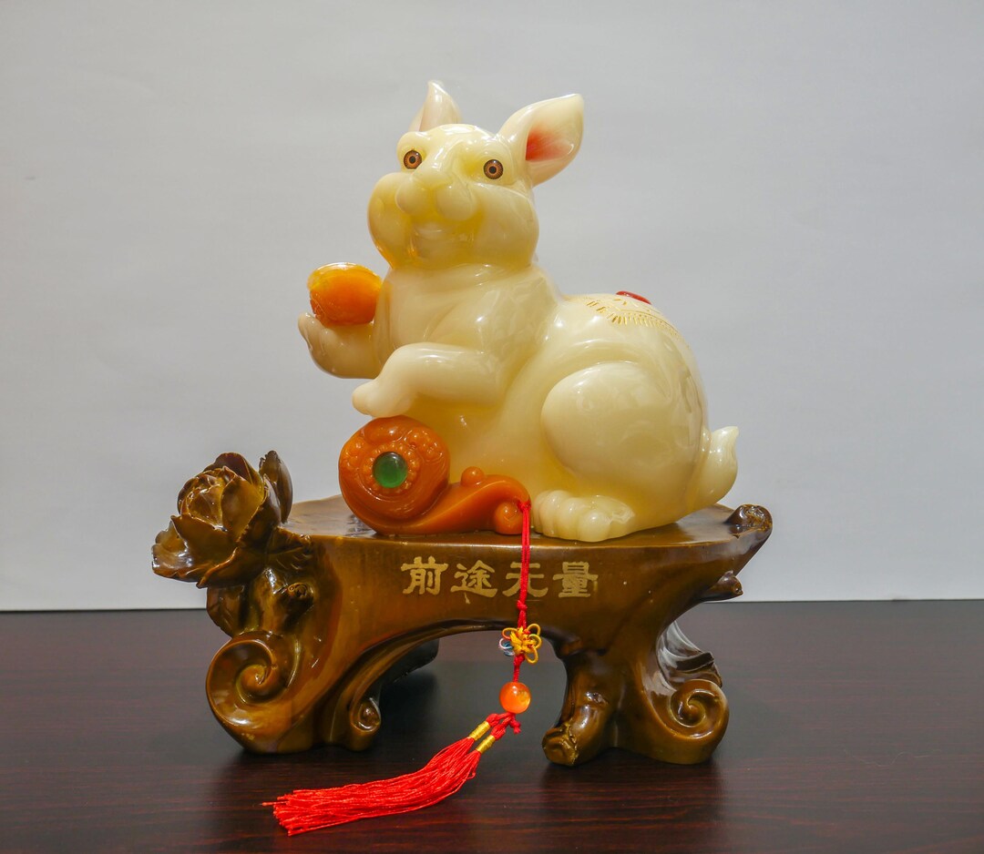 Vintage Chinese Feng Shui Zodiac Rabbit Fortune Blessing Resin Statue ...