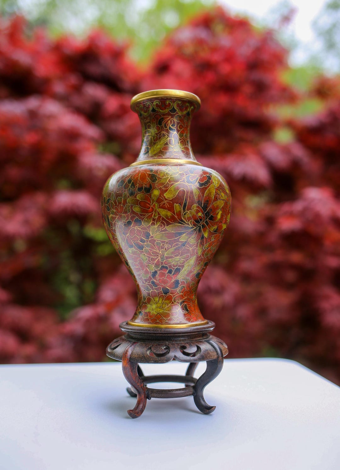 Vintage Chinese Jingfa Cloisonné Enamel Vase on Wooden Stand - Etsy