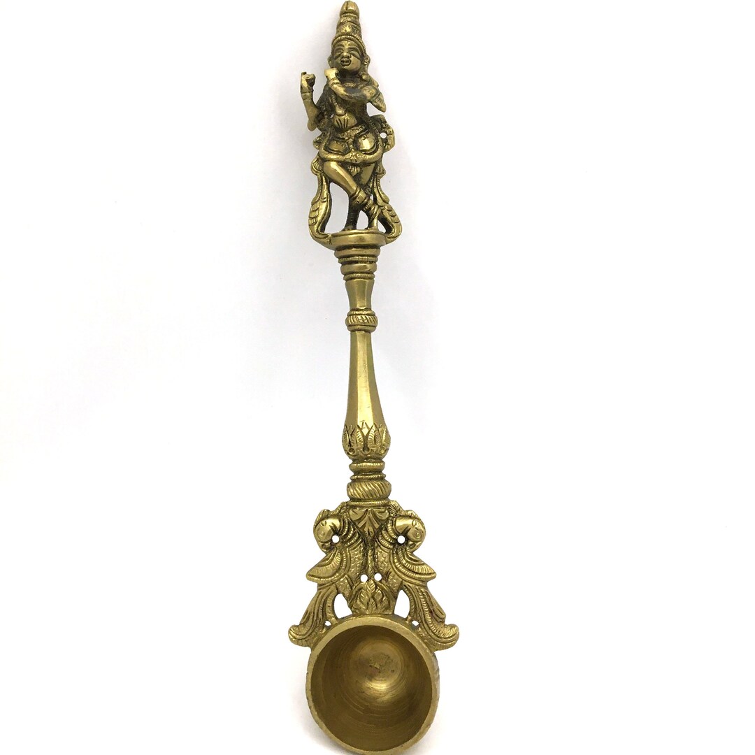 Vintage Brass Krishna Spoon | Hinduism Hawan Pooja Worship Spoon - 9.75 ...