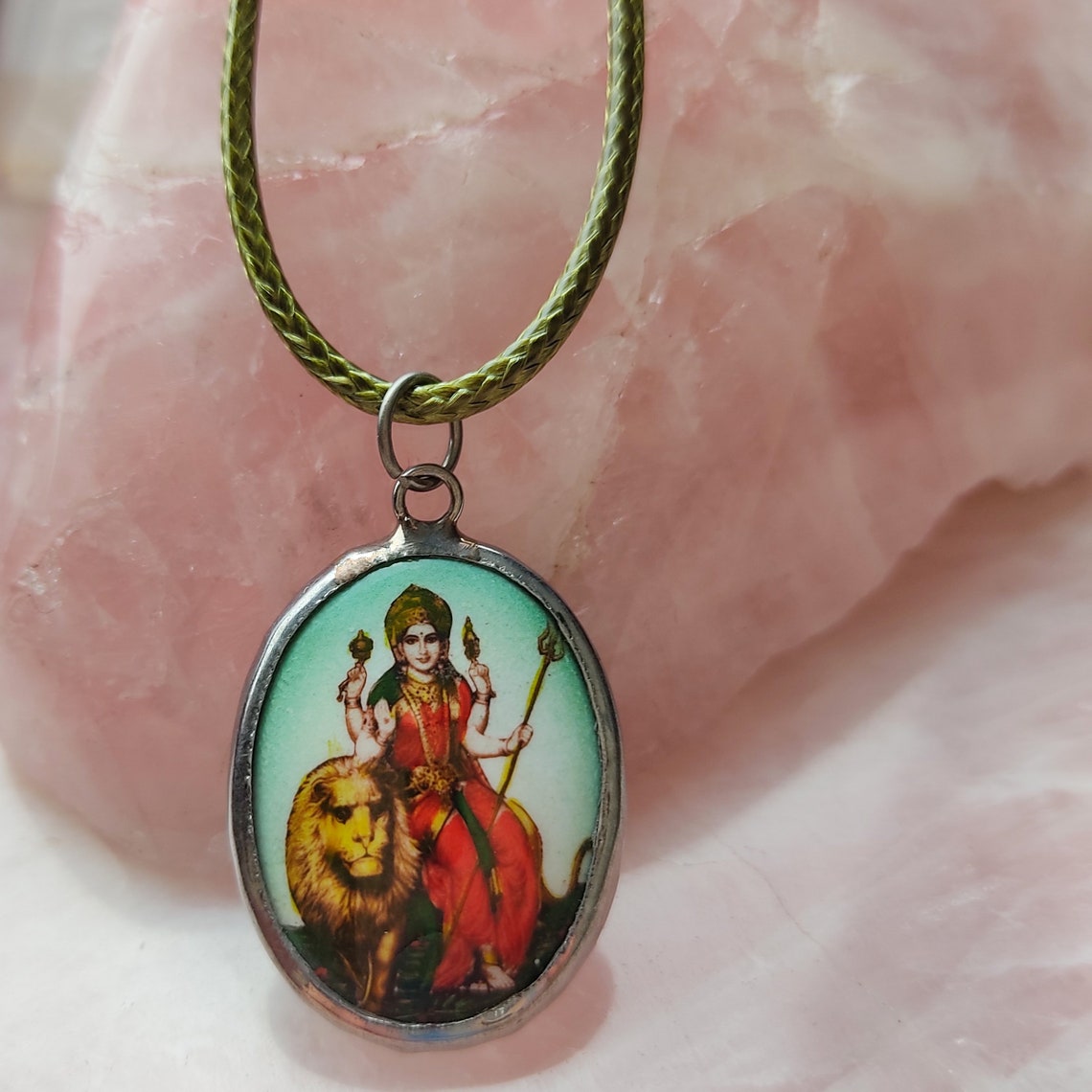Durga Maa Goddess Om Pendant Necklace 18 Green Cord | Etsy