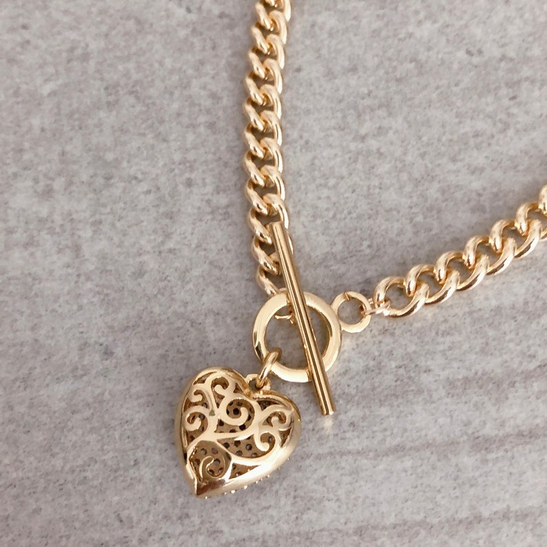 Heart Pendant Curb Chain Toggle Clasp With CZ Heart Charm Choker ...