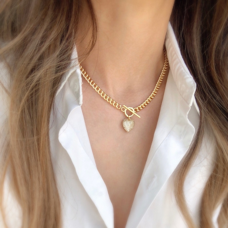 Heart Pendant Curb Chain Toggle Clasp With CZ Heart Charm Choker ...