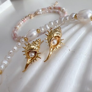 Gold Conch Shell Earrings/ Pearl Shell Earrings/ Special Gift for Women ...