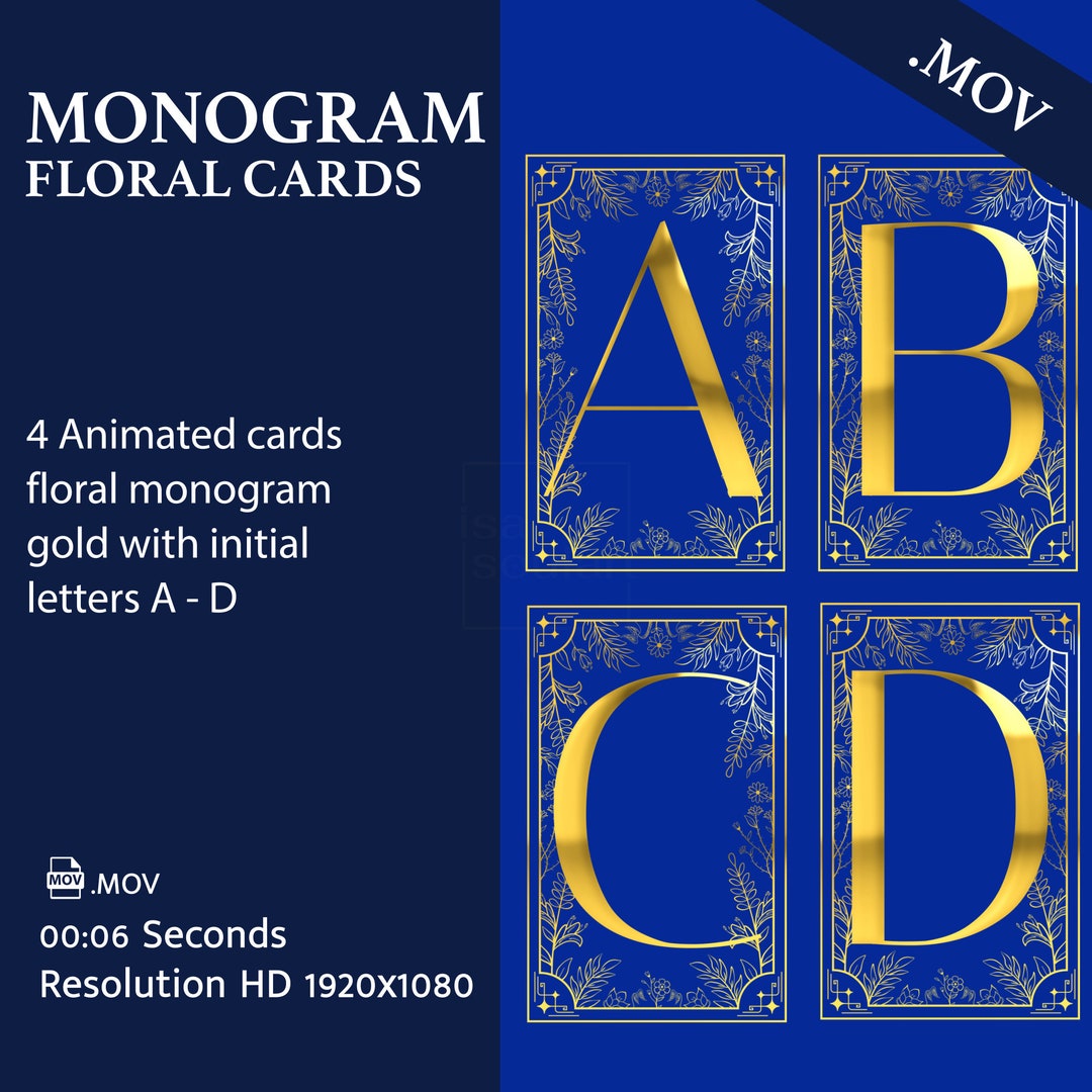 4 Animated Cards Floral Monogram Gold With Initial Letters A, B, C, D ...