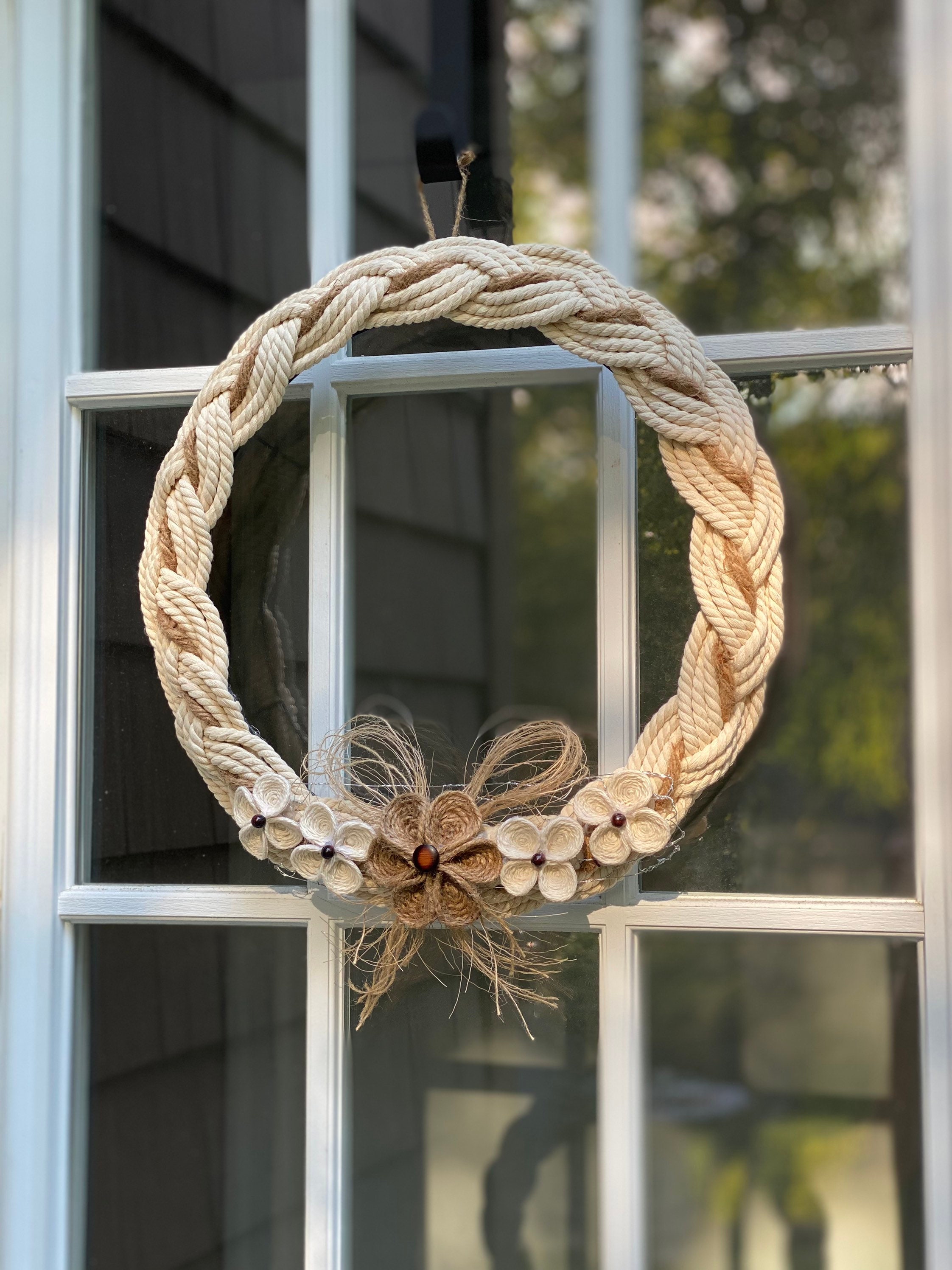 Farmhouse Natural White & Beige Rope Wreath With Handmade Jute Flowers ...