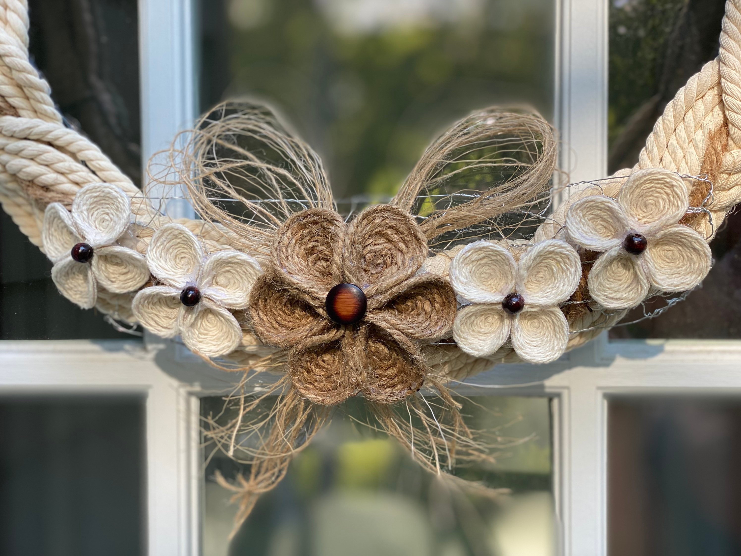 Farmhouse Natural White & Beige Rope Wreath With Handmade Jute Flowers ...