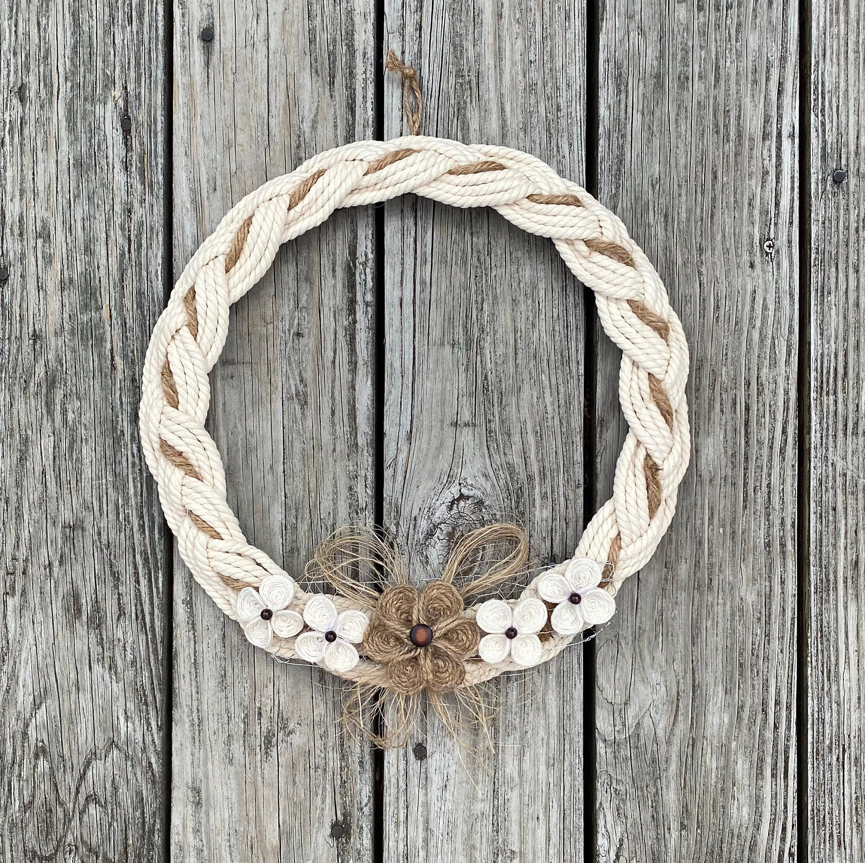 Farmhouse Natural White & Beige Rope Wreath With Handmade Jute Flowers ...