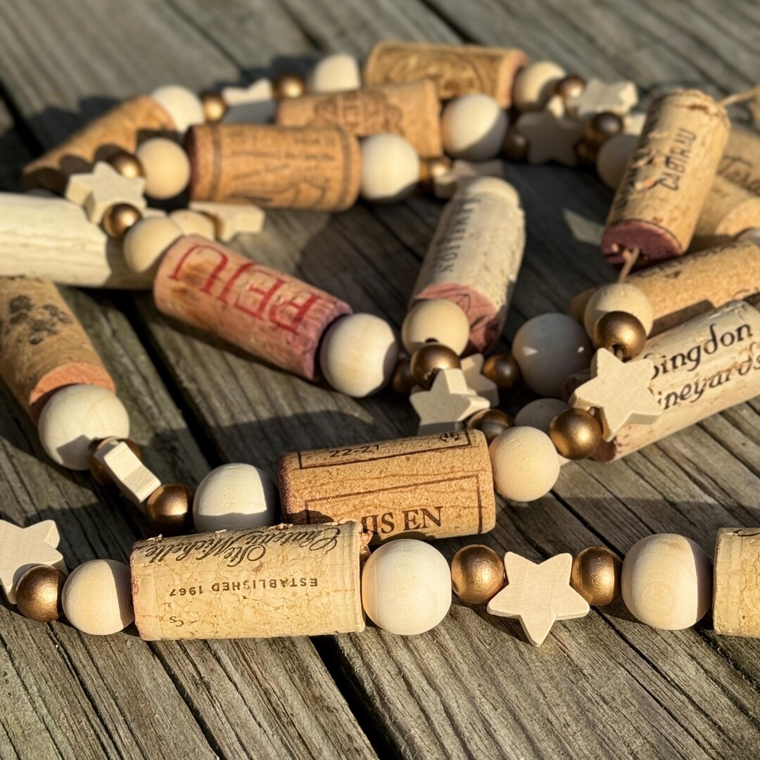 Handmade Repurposed Wine Cork Garland With Gold Wood Star Beads | Eco ...