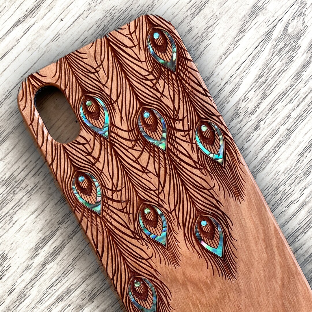 Peacock Feather Design Wood Phone Case With Real Abalone Shell Inlays ...