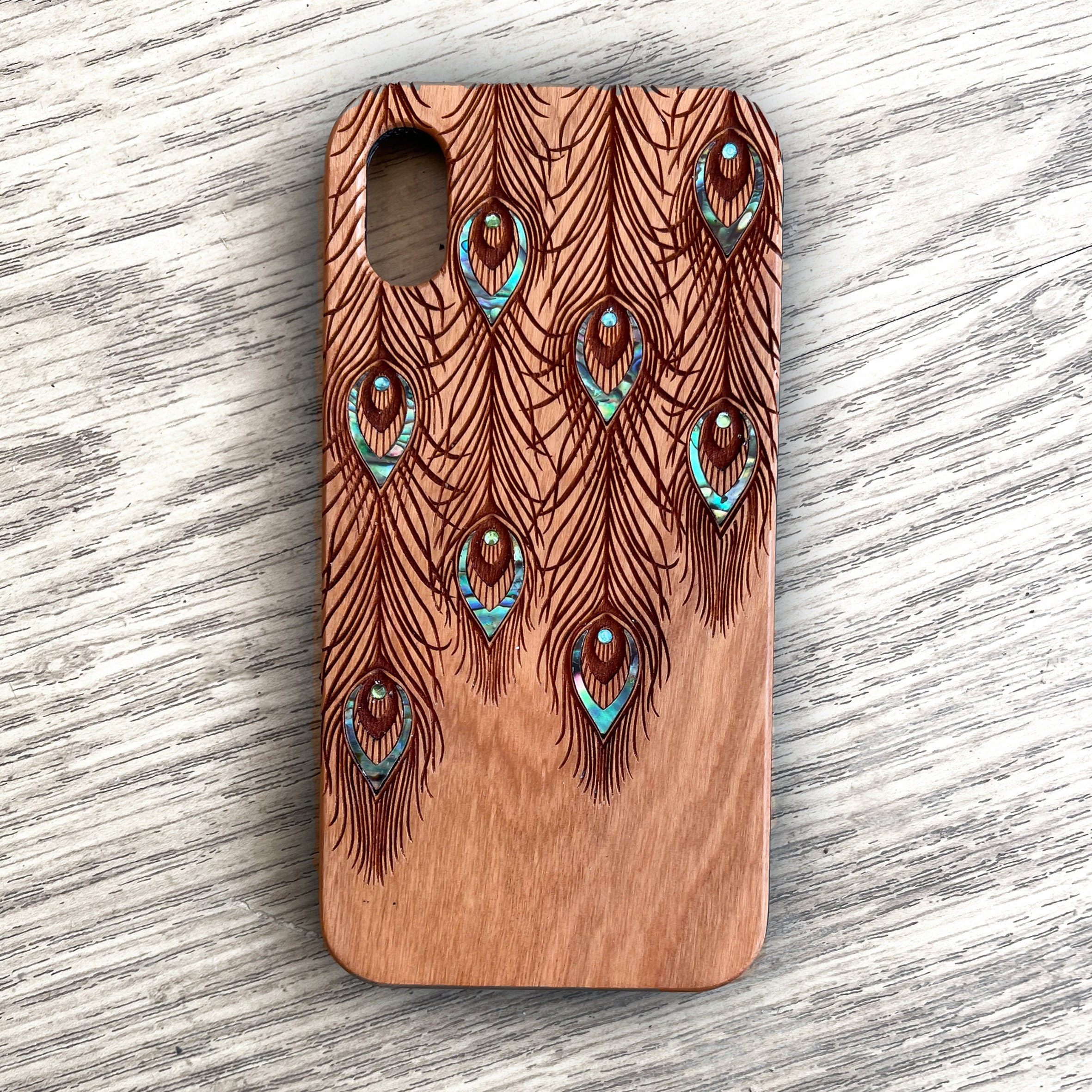 Peacock Feather Design Wood Phone Case With Real Abalone Shell Inlays ...
