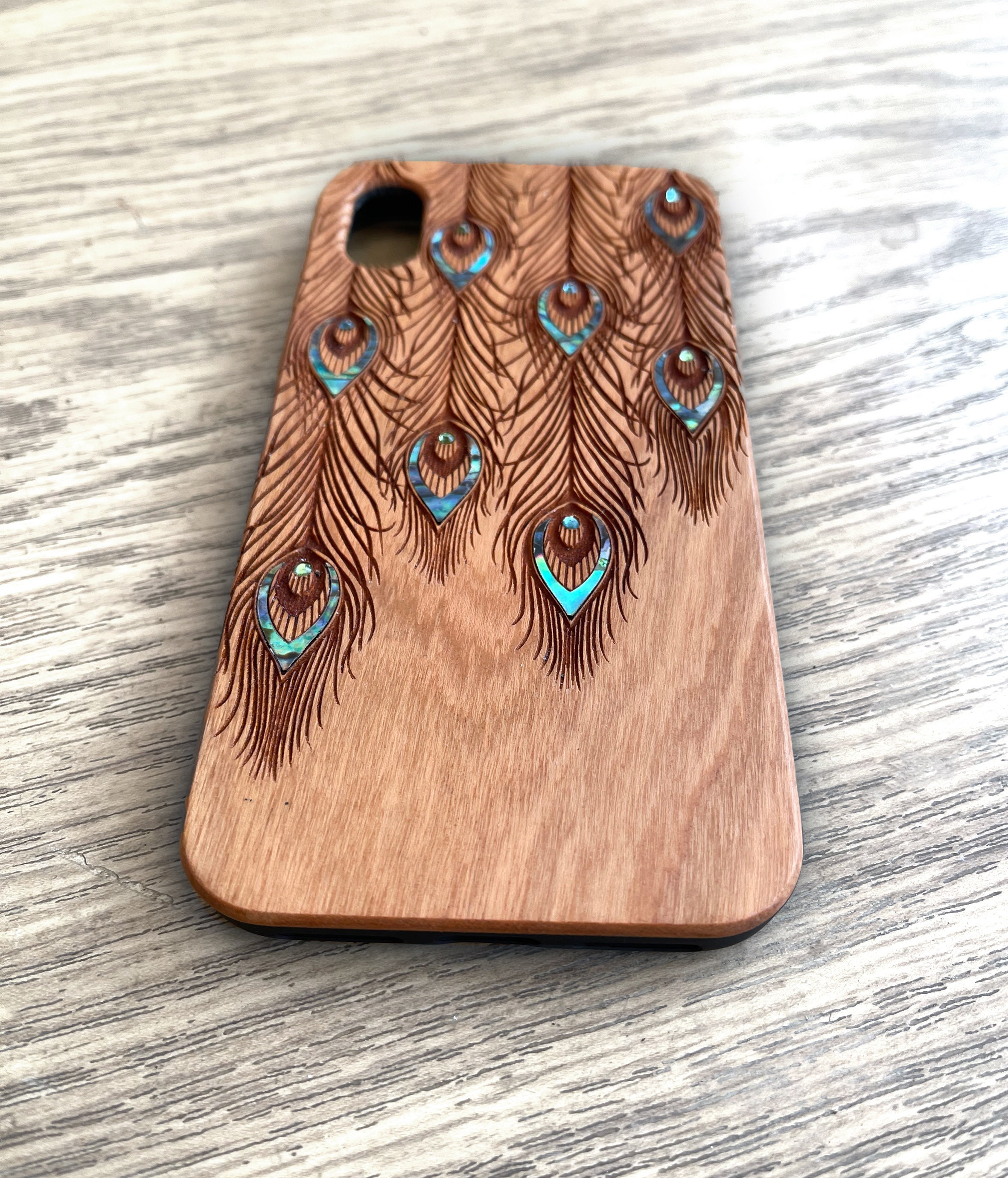 Peacock Feather Design Wood Phone Case With Real Abalone Shell Inlays ...