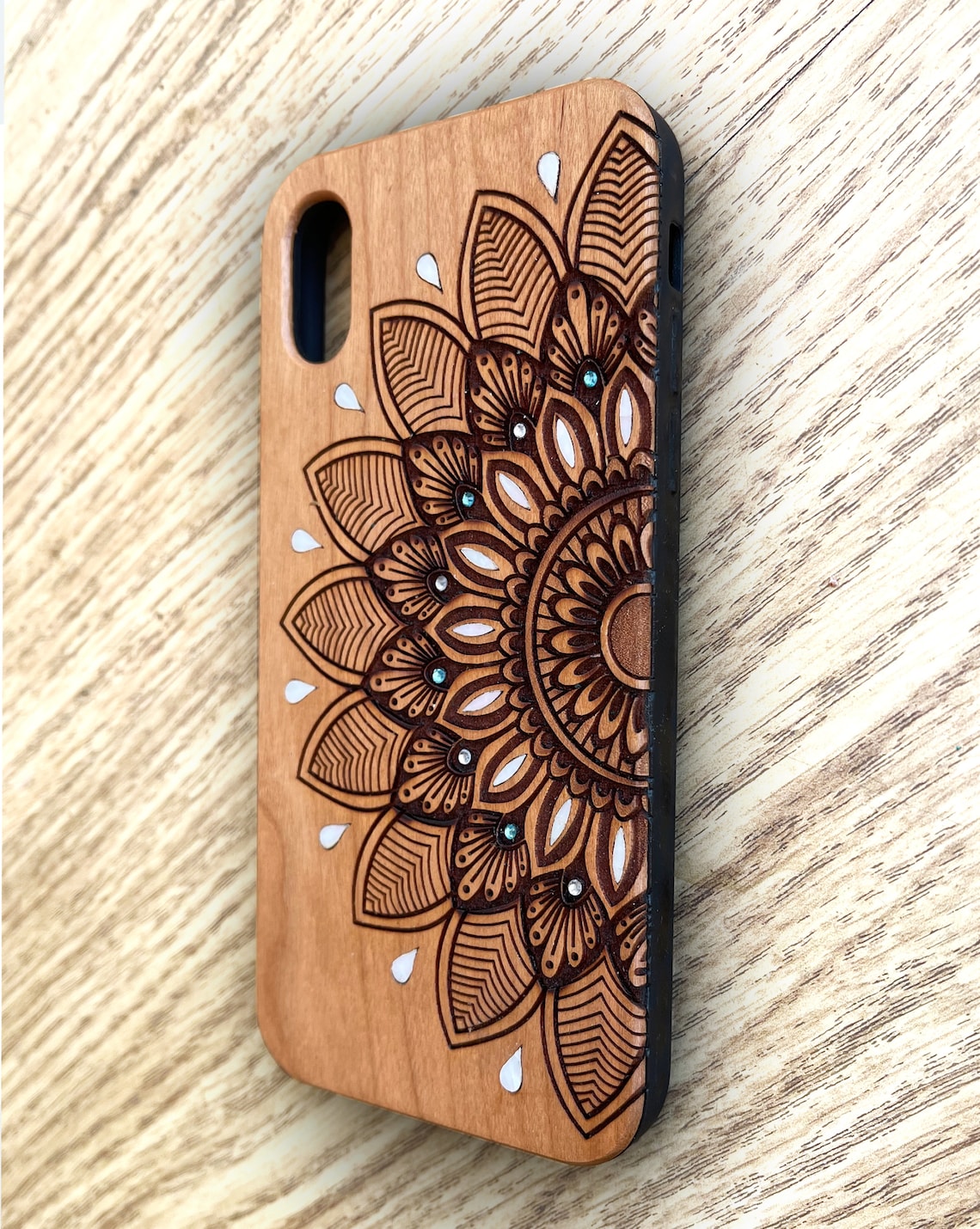 Solid Wood topped phone Mandala Design Phone case with Real | Etsy