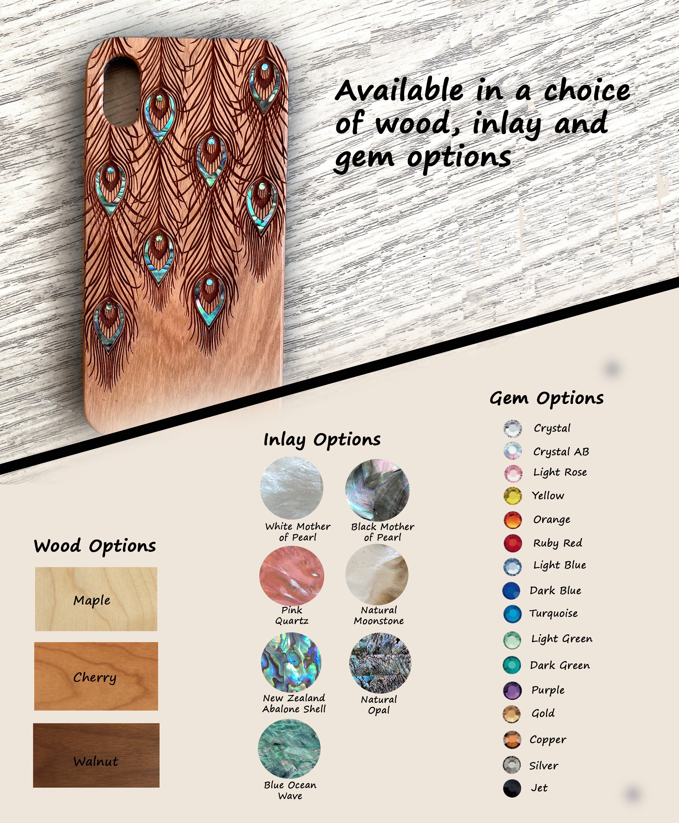 Peacock Feather Design Wood Phone Case With Real Abalone Shell Inlays ...