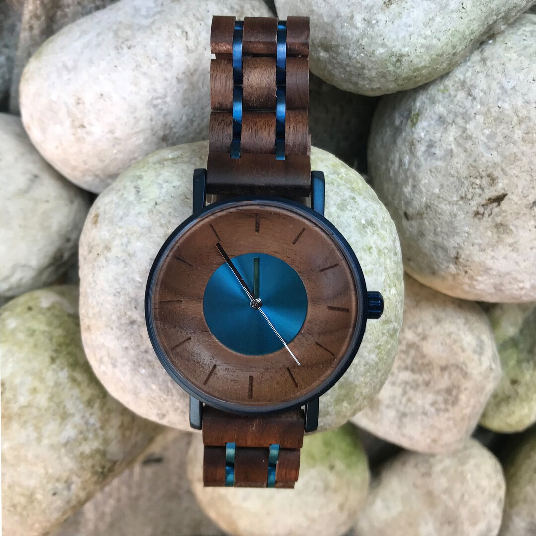 Walnut and Blue Steel Watch and Solid Beech Gift Box With Optional ...