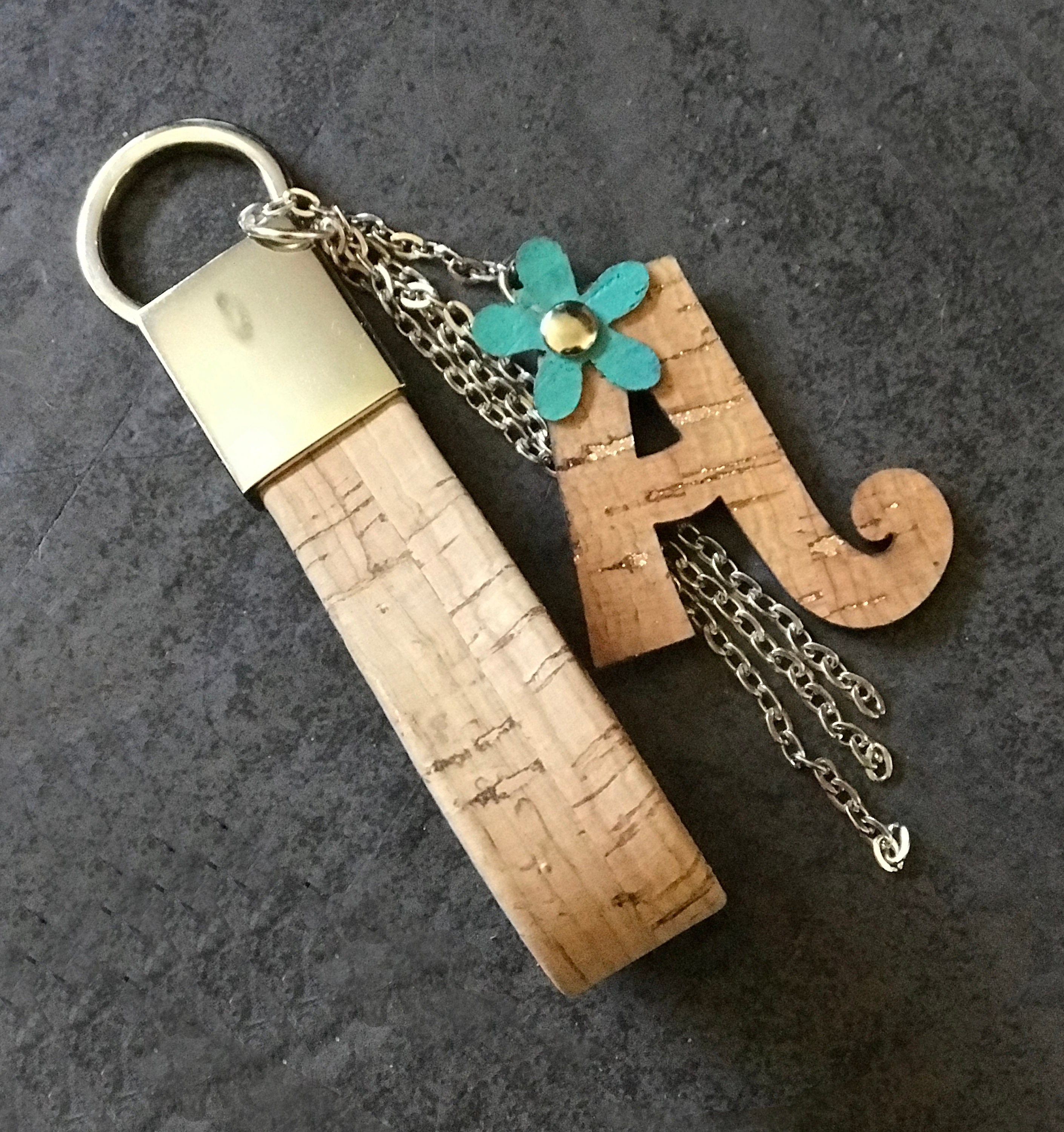 Cork Leather Key Chain with Personalised Cork Flower Letter | Etsy