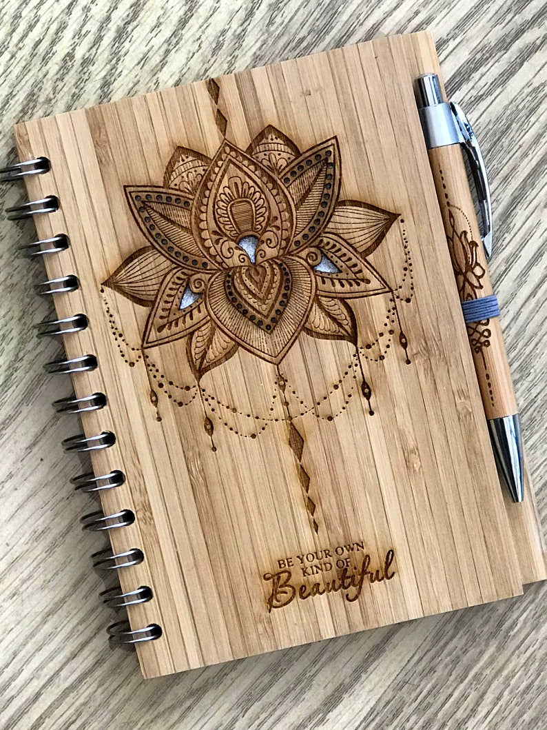 Lotus Flower Design Eco Friendly Bamboo Notebook & Personalised Pen ...