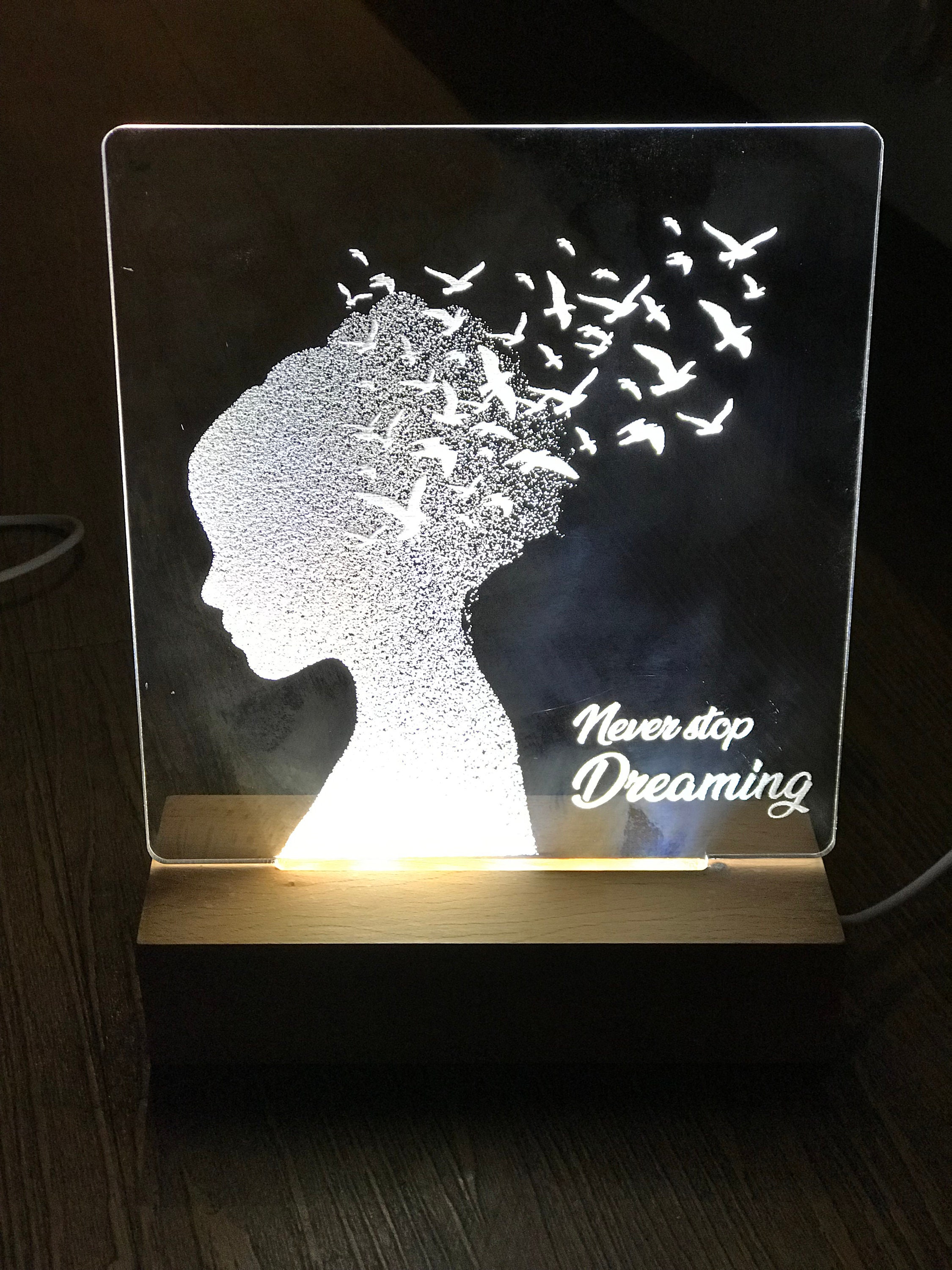 Never Stop Dreaming - LED Acrylic Night Light With Solid Beech Base and ...