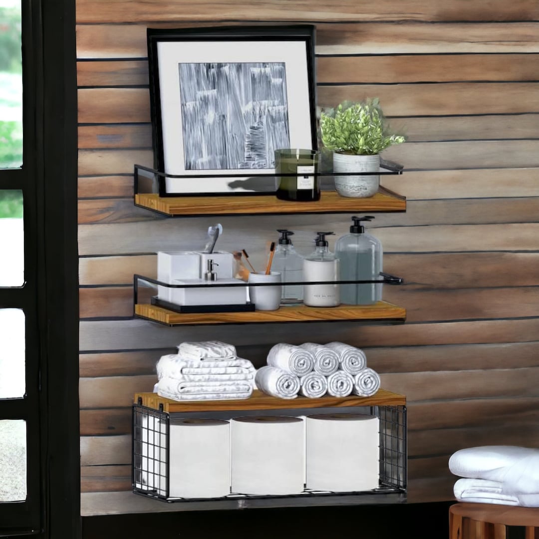 Set of 3 Rustic Wood Bathroom Shelves Over Toilet Storage - Etsy