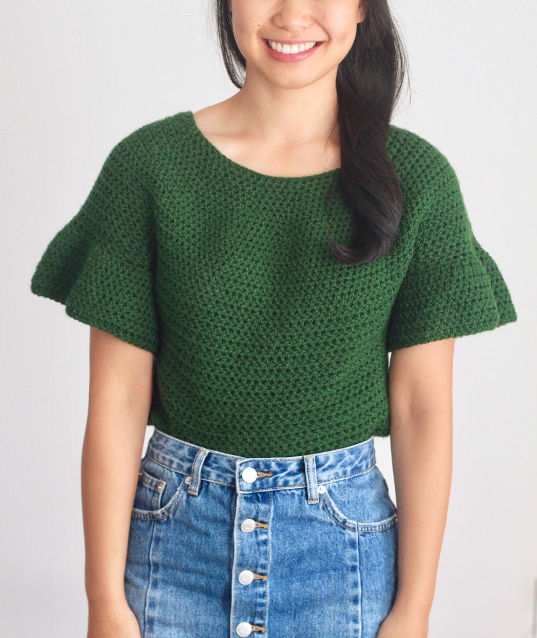Crochet Ruffle Sleeve Round Neck Sweater Top PDF Pattern Patron Instant ...