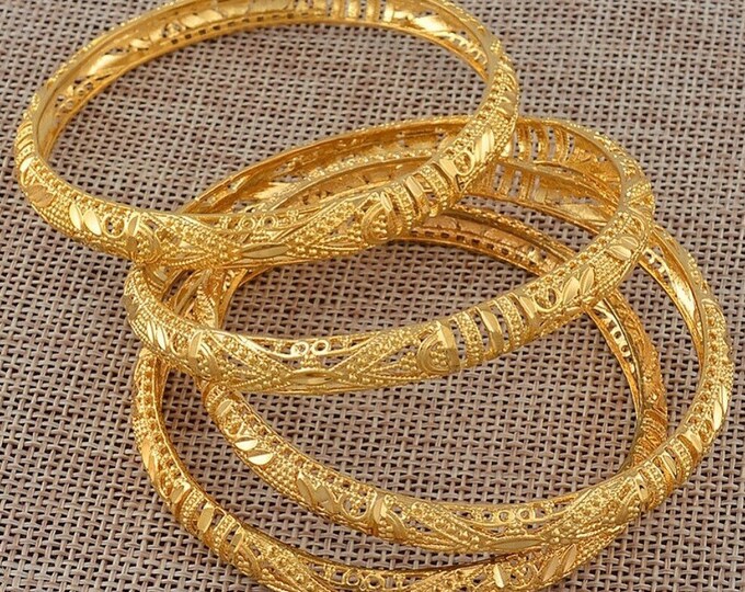 24k Real Gold Plated Dubai Bangle Jewelry Bracelet Openable Bangle 2 Pc ...