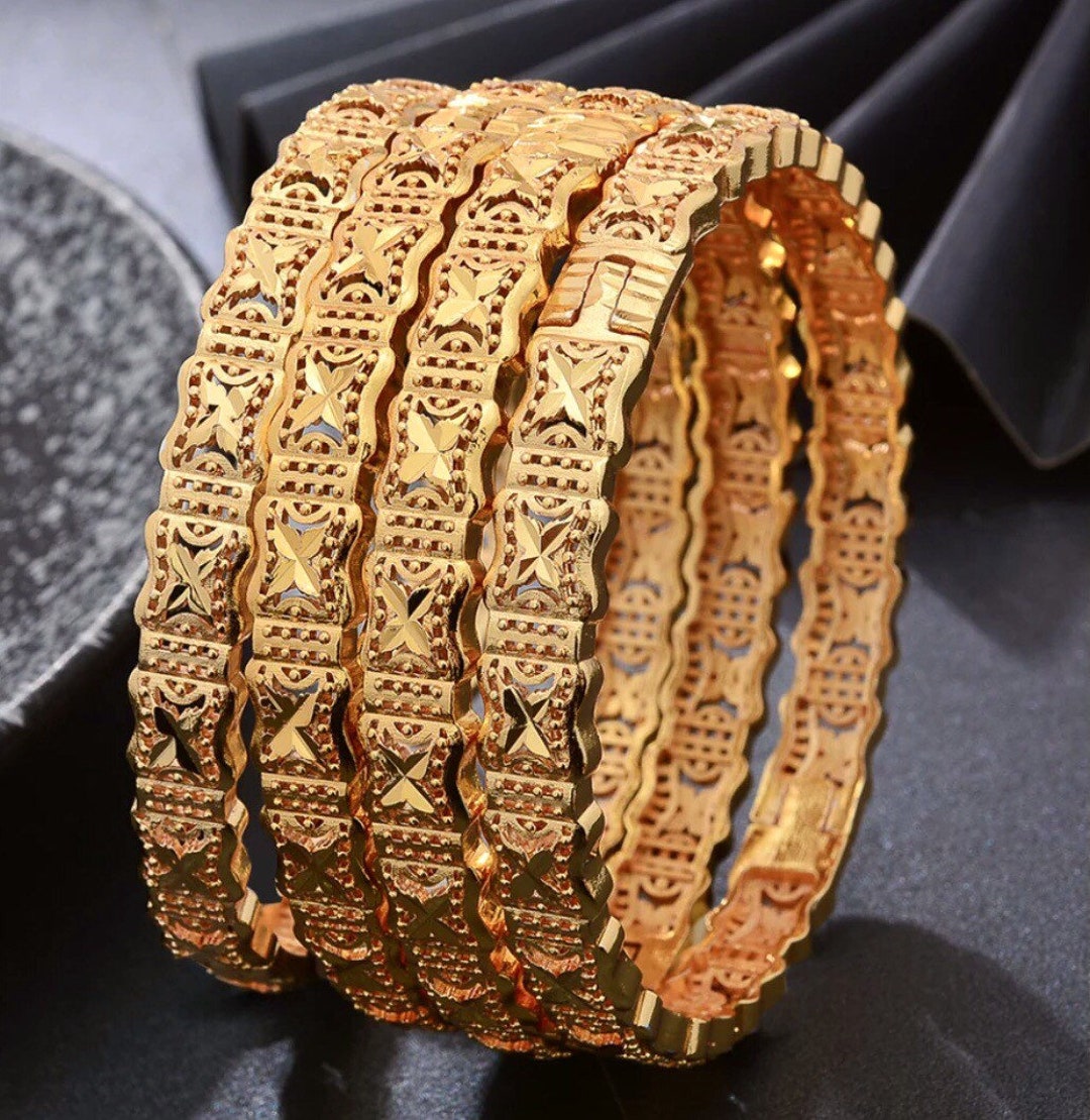 Real 18K Gold Plated Bangle, Set of 2 Gold Filled Bangles, Handmade ...