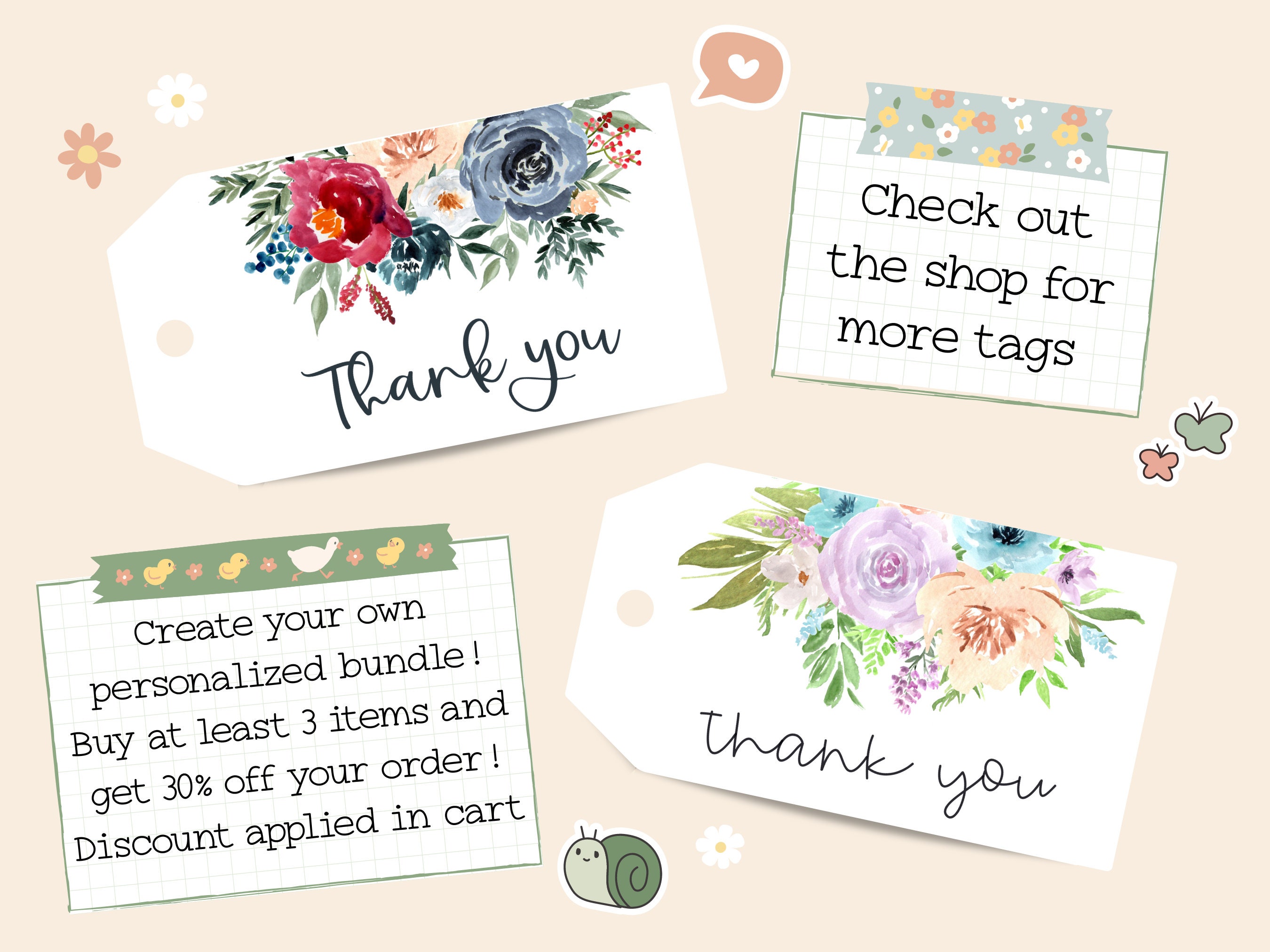 Digital Thank You Tags Printable Thank You Tags Floral Thank You ...