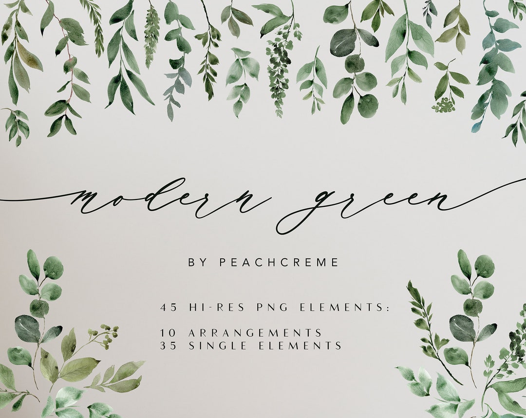 Greenery Watercolor, Trendy Greenery, Greenery Wedding, Clipart Set ...
