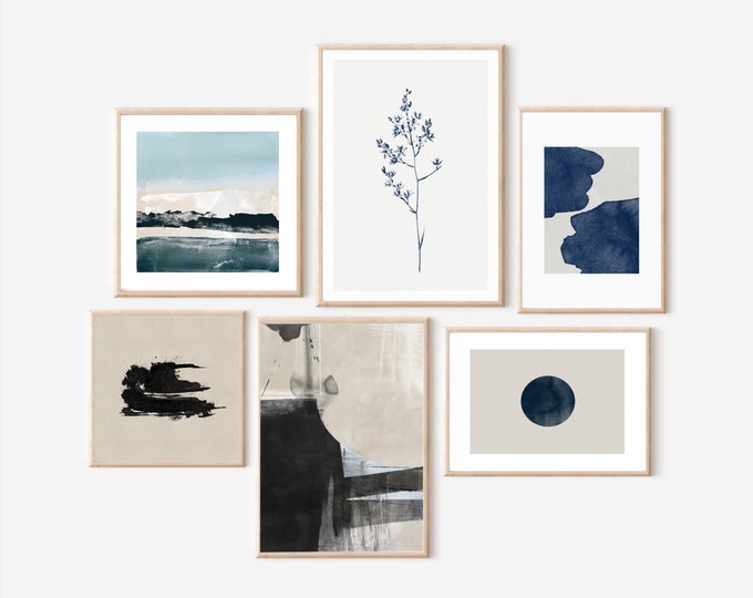 Blue Print Set, Gallery Wall Art Bundle, Modern Abstract Art Prints, Printable Navy Blue Wall ...