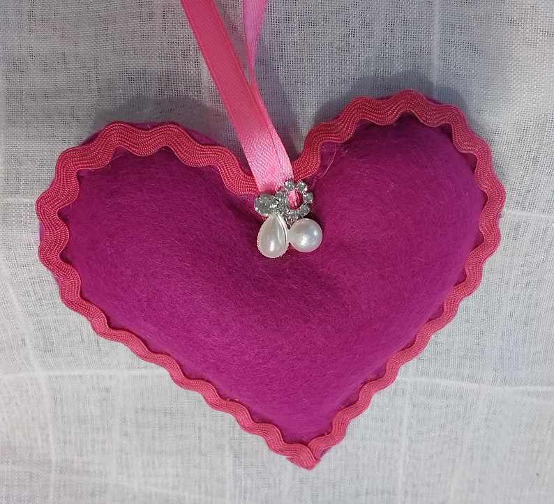 A Small Padded Heart in Purple Felt With Red Ric-rac Edging With Pearl ...